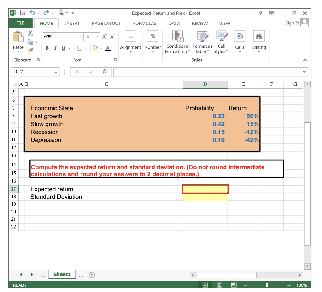 Solved - a, Expected Return and Risk - Excel ? X XDS FILE - | Chegg.com