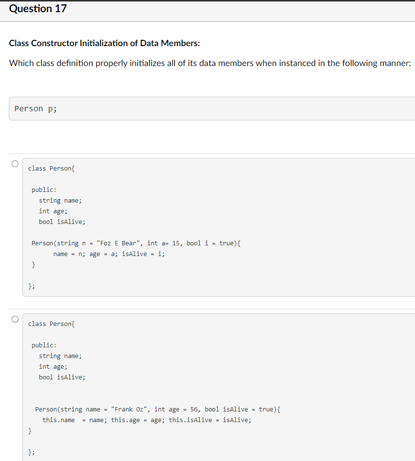 Solved Question 17 Class Constructor Initialization Of Data 5574