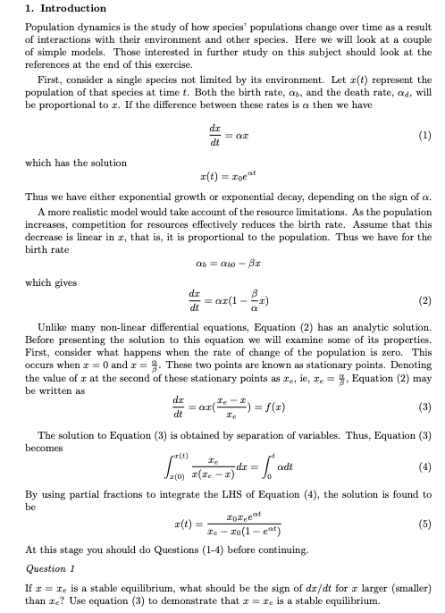 1. Introduction Population dynamics is the study of | Chegg.com