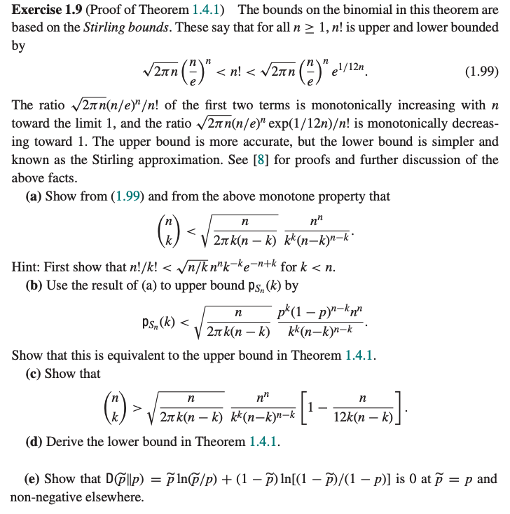 Solved n Exercise 1.9 (Proof of Theorem 1.4.1) The bounds on | Chegg.com