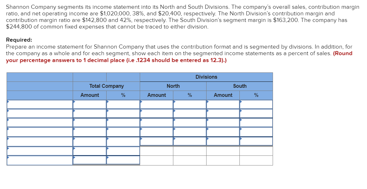 Solved Shannon Company segments its income statement into | Chegg.com