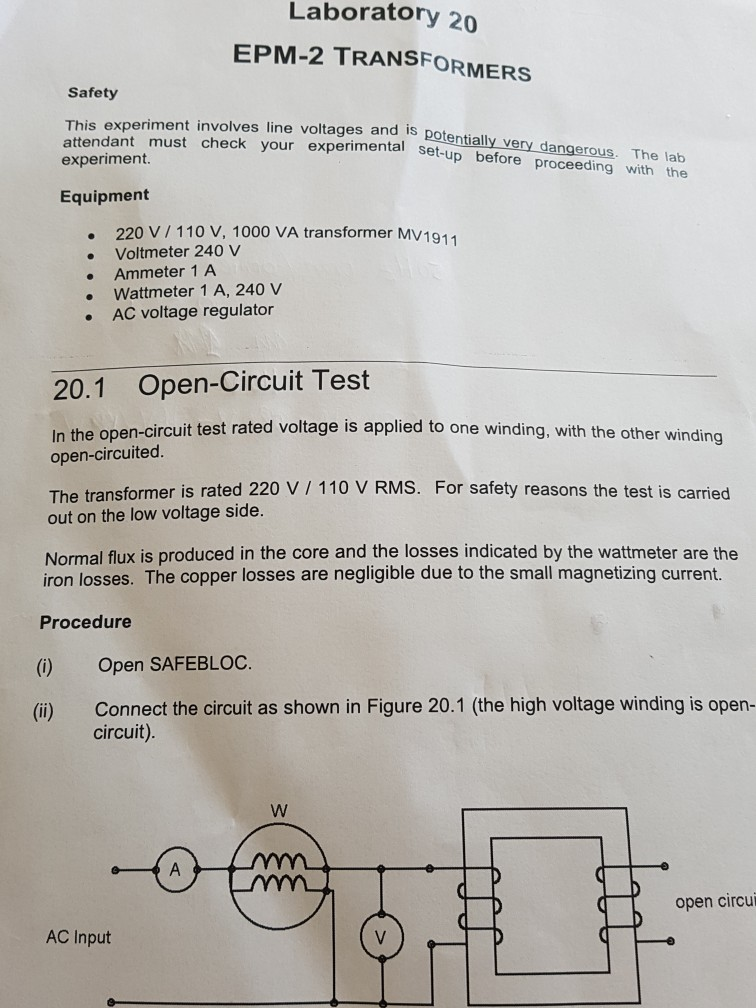 Solved Laboratory 20 EPM-2 TRANSFORMERS Safety This | Chegg.com
