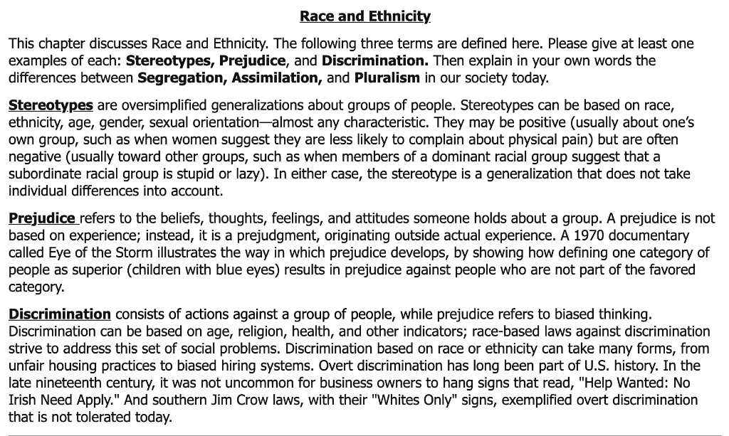 Solved Race and Ethnicity This chapter discusses Race and | Chegg.com