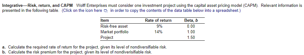 Solved Integrative Risk, return, and CAPM Wolff Enterprises | Chegg.com
