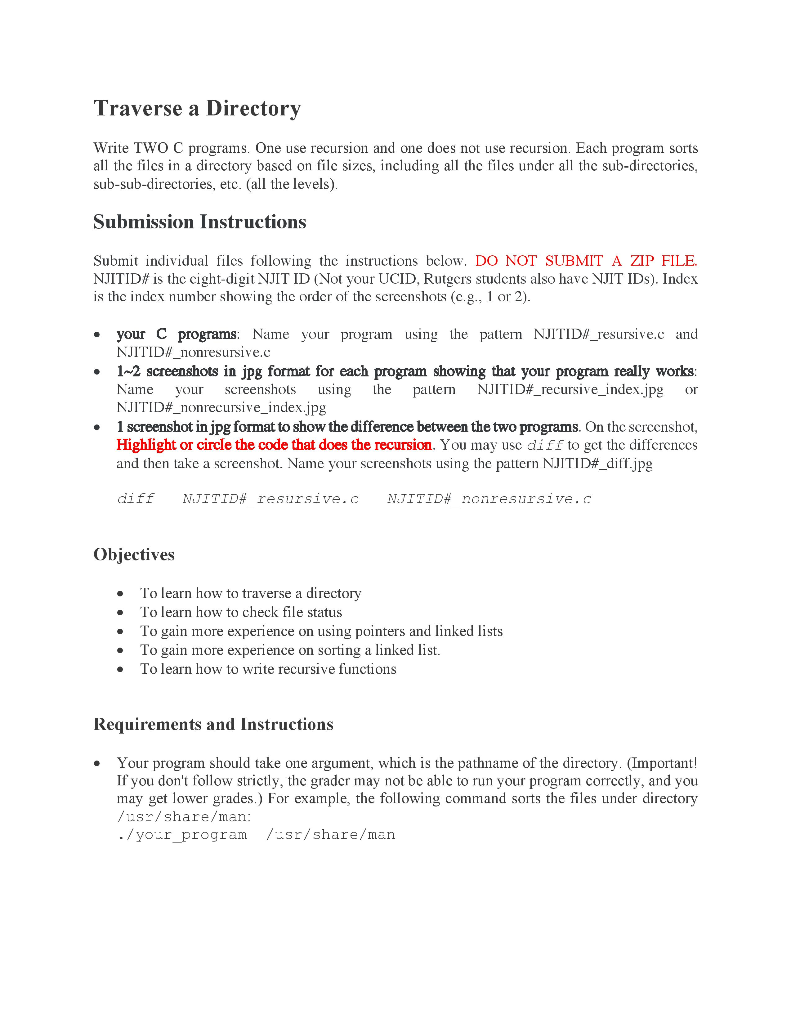 Traverse a Directory Write TWO C programs. One use | Chegg.com