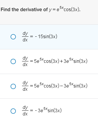 Solved derivative of y=e5xcos(3x). | Chegg.com