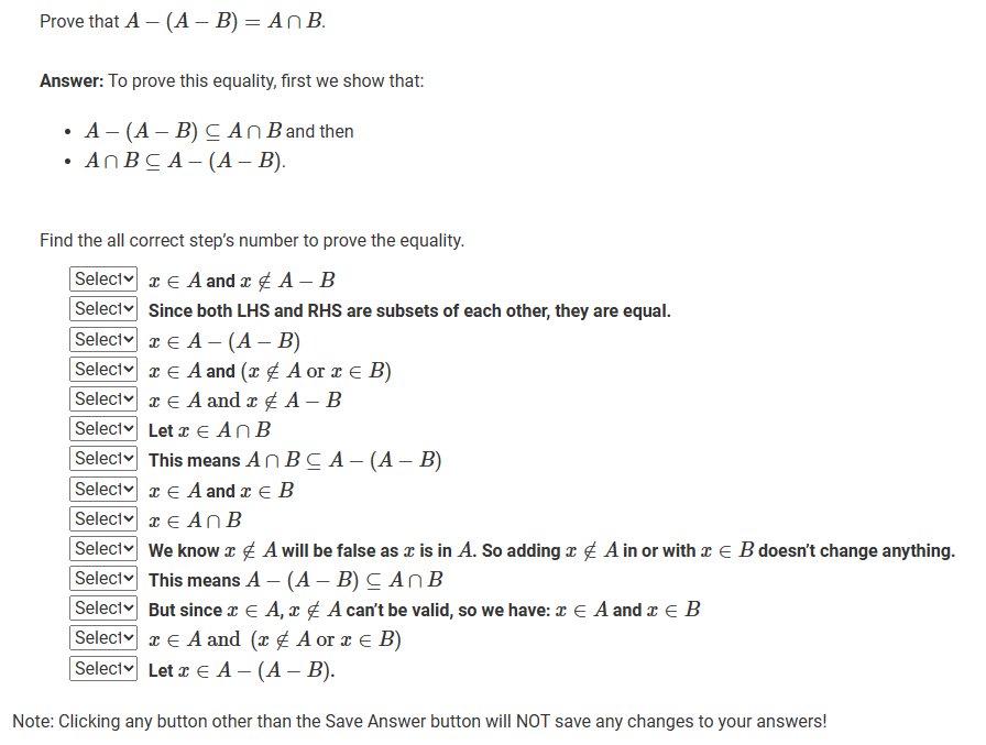 Solved Prove that A−(A−B)=A∩B. Answer: To prove this | Chegg.com