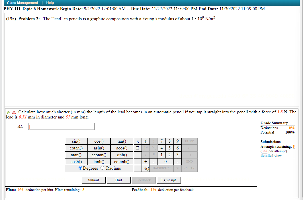 Solved (1\%) Problem 3: The "lead" in pencils is a graphite | Chegg.com