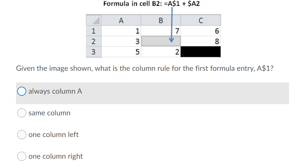 Solved Formula in cell B2: EA$1 + $A2 A B с 7 1 3 5 6 8 2 3 | Chegg.com