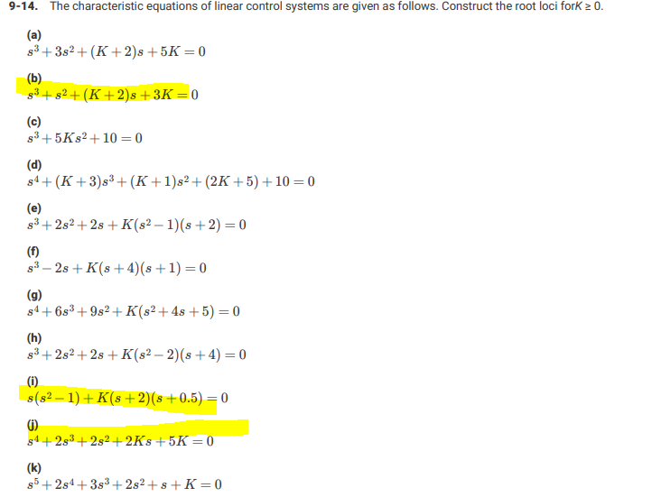 Solved 9-14. The characteristic equations of linear control | Chegg.com