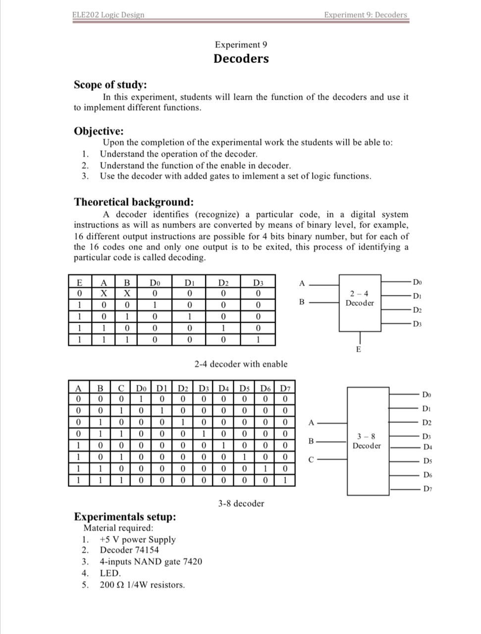 Solved ELE202 Logic Design Experiment 9: Decoders Procedure: | Chegg.com