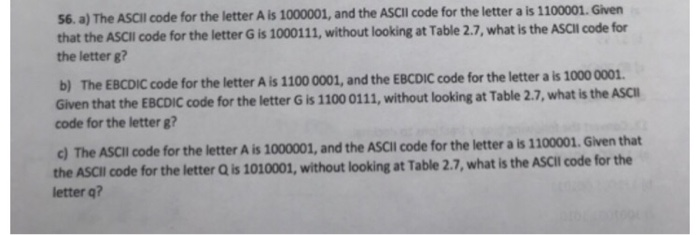 Solved 56. a) The ASCIl code for the letter A is 1000001, | Chegg.com