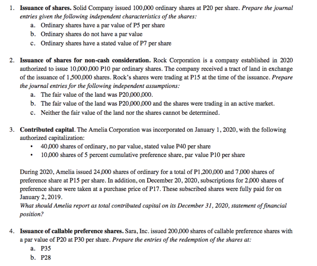 Solved 1. Issuance of shares. Solid Company issued 100,000 | Chegg.com