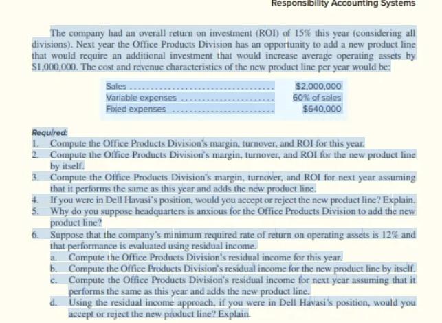 Solved PROBLEM 11-21 Return on Investment (ROI) and Residual | Chegg.com