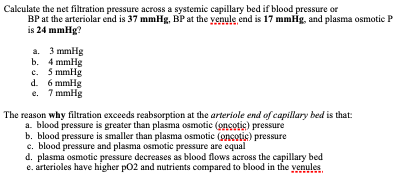 Solved Calculate the net filtration pressure across a | Chegg.com