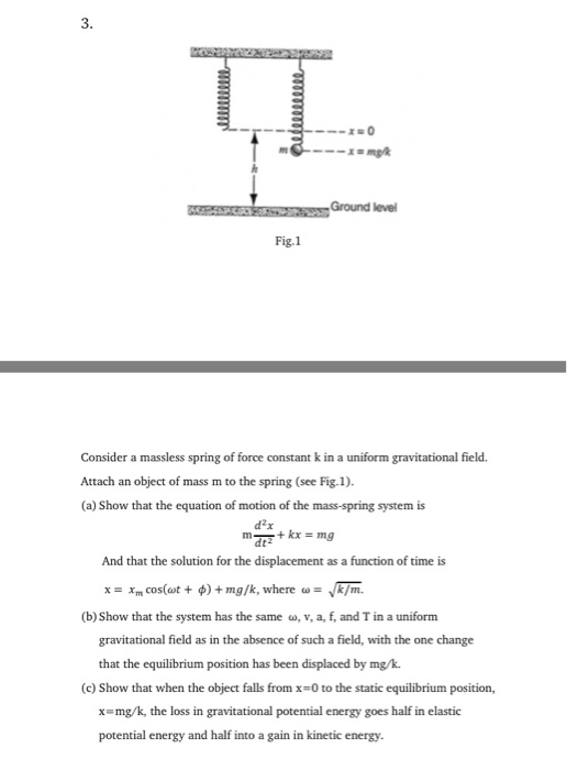 Solved 3. Ground level Fig.1 Consider a massless spring of | Chegg.com