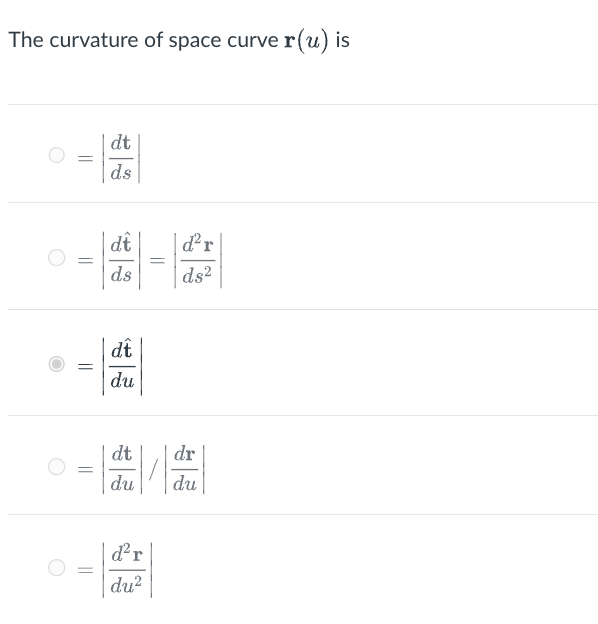 Solved The curvature of space curve r(u) is =∣∣dsdt∣∣ | Chegg.com