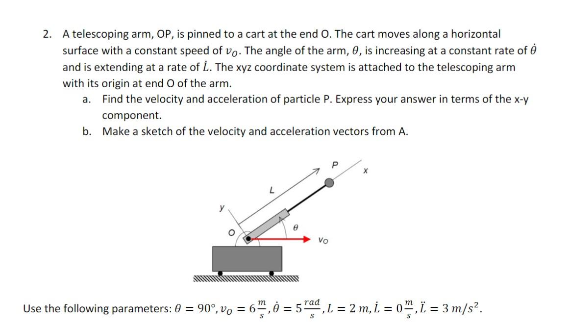 Solved 2. A telescoping arm, OP, is pinned to a cart at the | Chegg.com