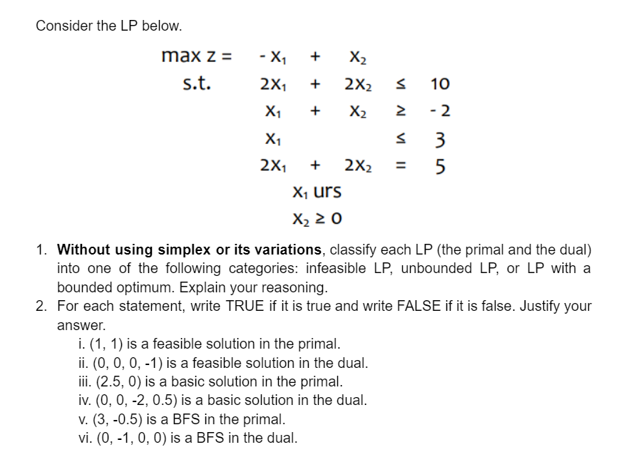 Solved Consider the LP below. max z = - X1 + X2 s.t. 2X1 + | Chegg.com
