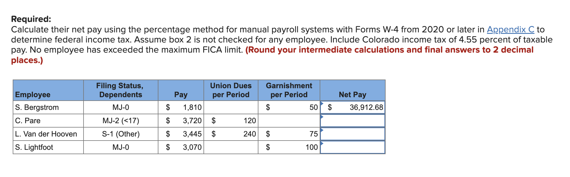 Required: Calculate their net pay using the | Chegg.com