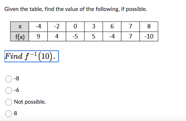Solved Given the table, find the value of the following, if | Chegg.com