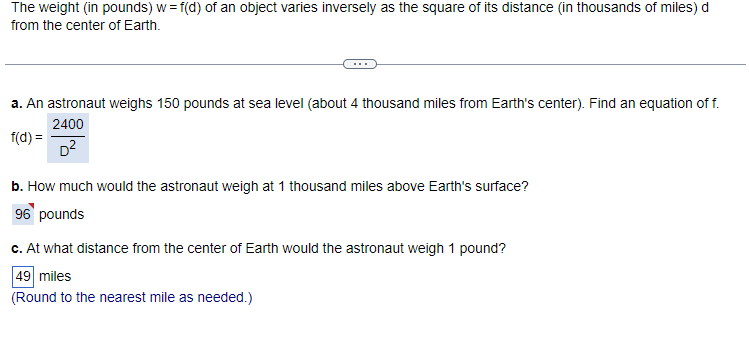 Solved The weight (in pounds) w=f(d) of an object varies | Chegg.com