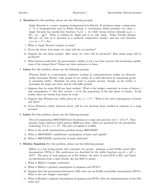 ECO3101 - Intermediate Microeconomics Homework 3: | Chegg.com