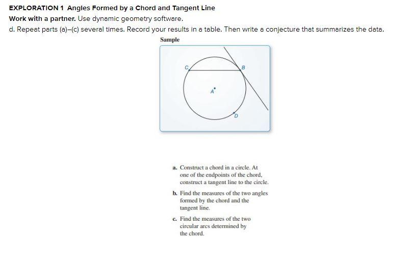 Solved EXPLORATION 1 Angles Formed by a Chord and Tangent | Chegg.com