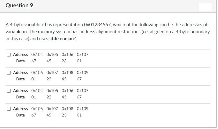 Solved A 4 Byte Variable X Has Representation 0x01234567 