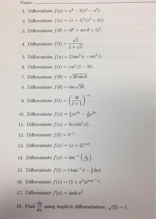 Solved Name: 1. Differentiate f(x) = x3-3(2-r). 2. | Chegg.com