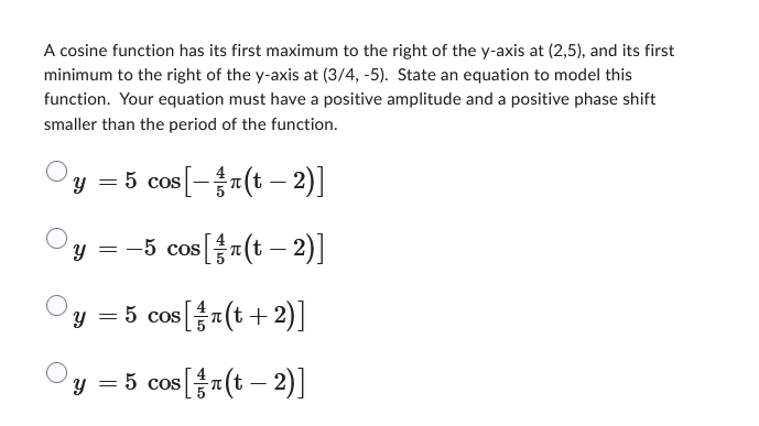 Solved A cosine function has its first maximum to the right | Chegg.com