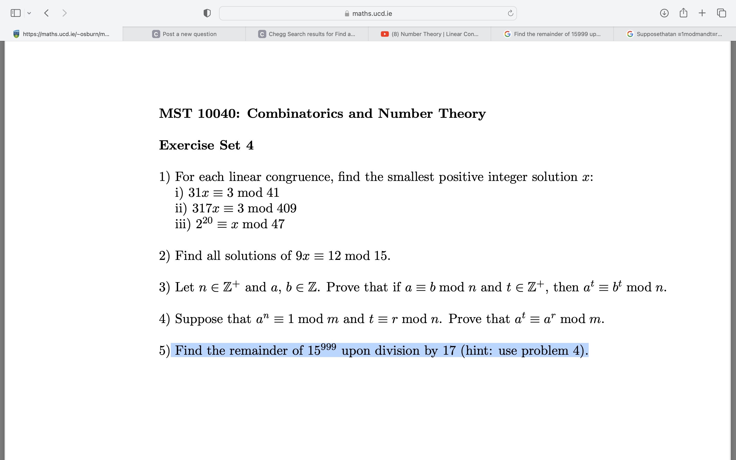 Solved MST 10040: Combinatorics and Number Theory Exercise | Chegg.com
