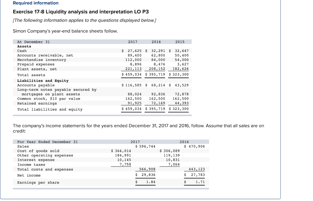 Solved Required information Exercise 17-8 Liquidity analysis | Chegg.com