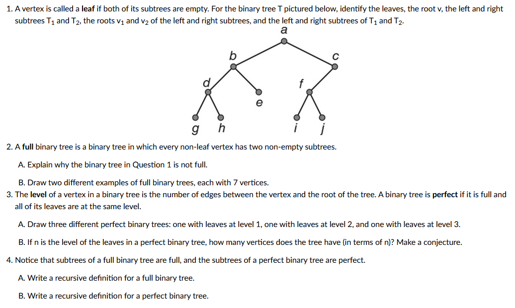 Solved 1. A vertex is called a leaf if both of its subtrees | Chegg.com