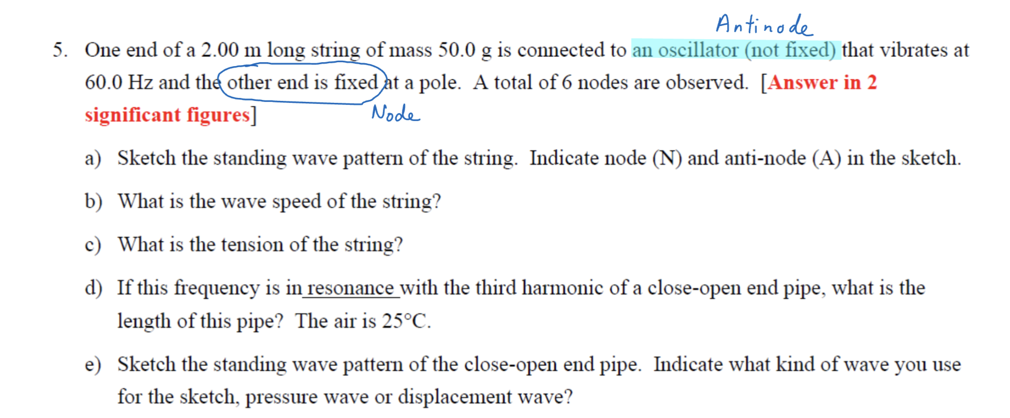 Solved AntinodeOne end of a 2.00 ﻿m long string of mass 50.0 | Chegg.com