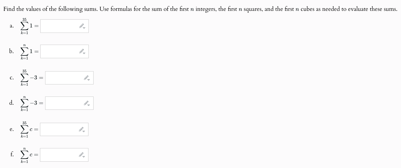 Solved Find the values of the following sums. Use formulas | Chegg.com