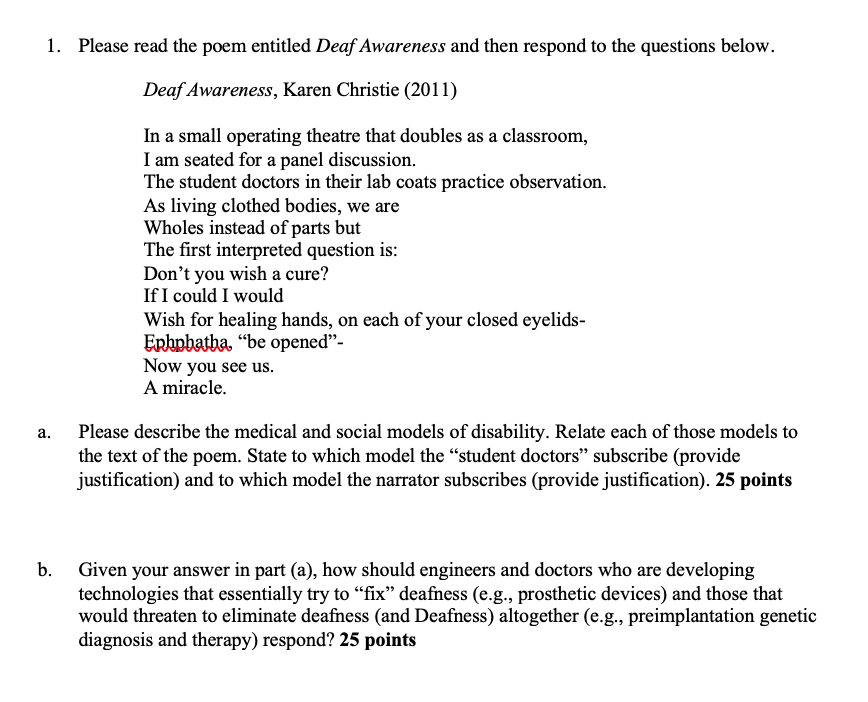 1. Please read the poem entitled Deaf Awareness and | Chegg.com