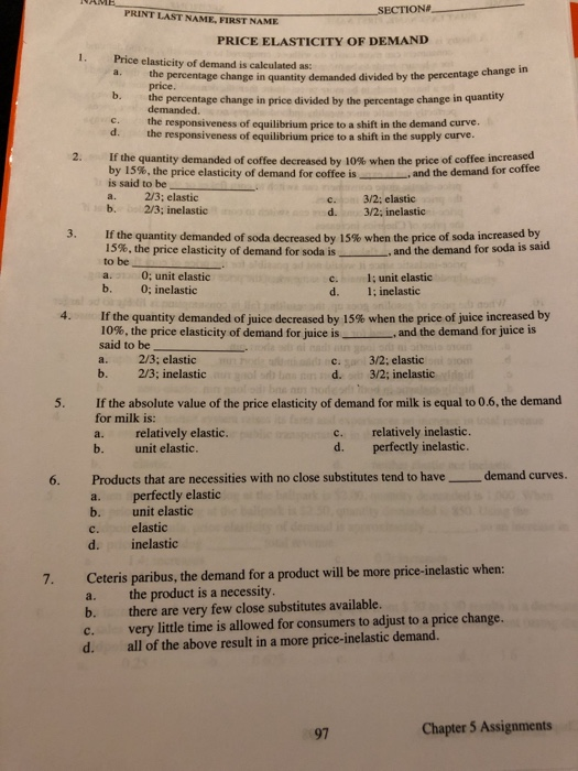 Solved SECTION# PRINT LAST NAME, FIRST NAME PRICE ELASTICITY | Chegg.com