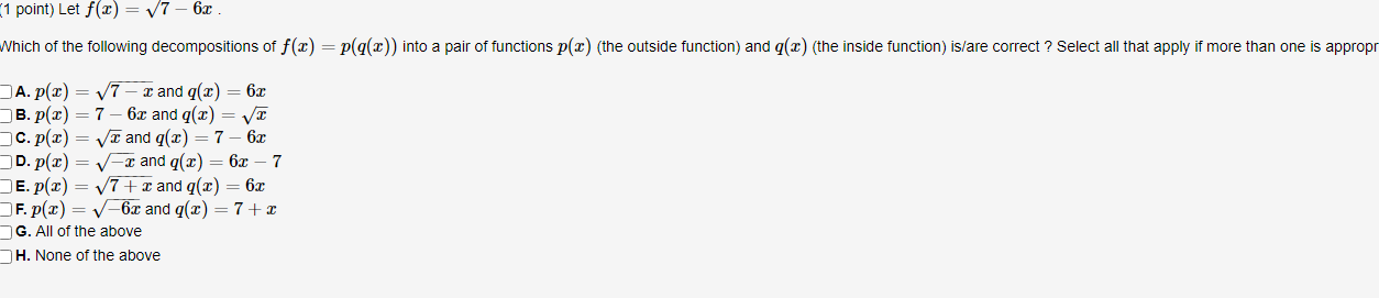 Solved 1 point) Let f(x)=7−6x Which of the following | Chegg.com