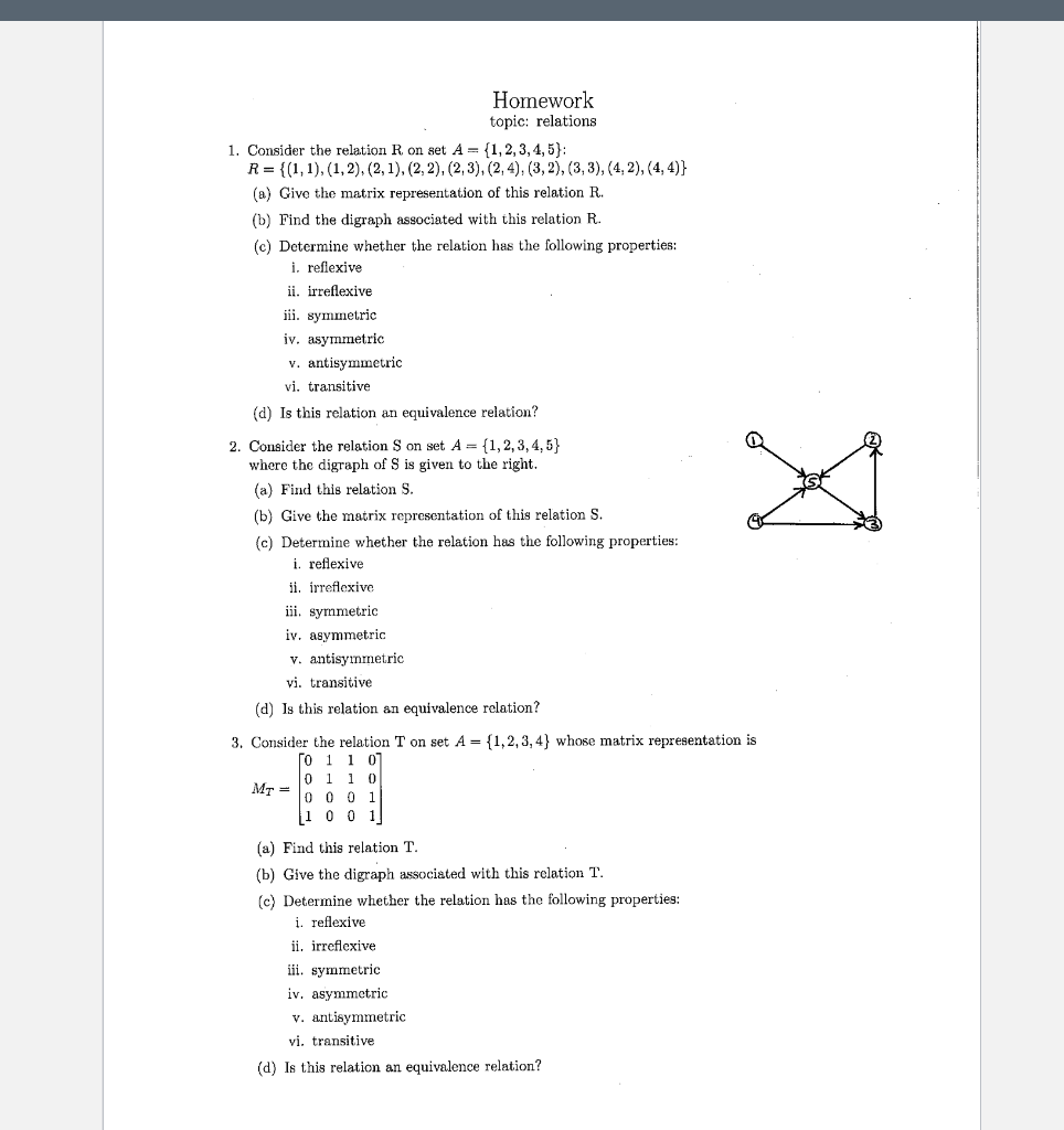 Solved 1. Consider the relation R on set A={1,2,3,4,5} : | Chegg.com