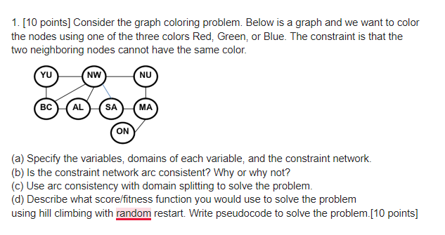 Solved 1. [10 points] Consider the graph coloring problem. | Chegg.com