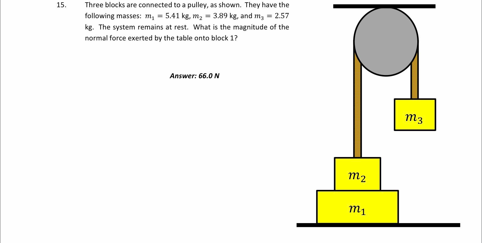 Solved 15. Three blocks are connected to a pulley, as shown. | Chegg.com