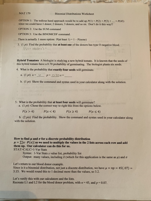 Binomial Distribution Worksheet