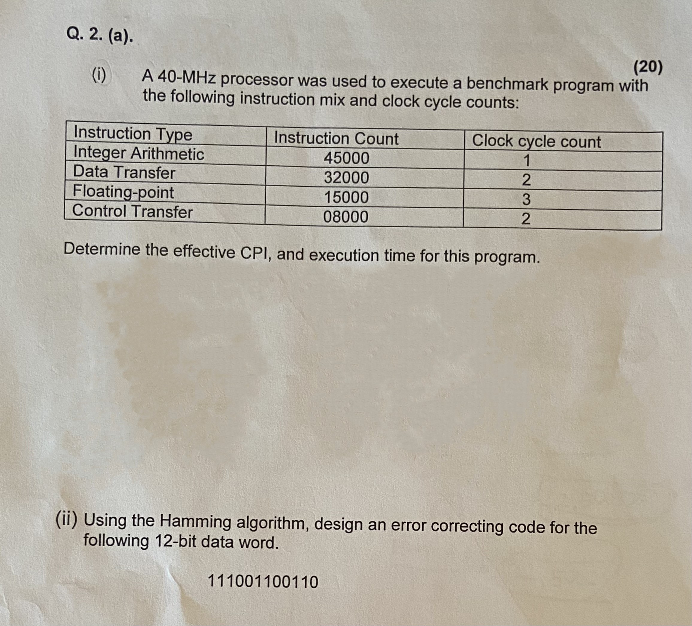 Solved (20) (i) A 40-MHz processor was used to execute a | Chegg.com
