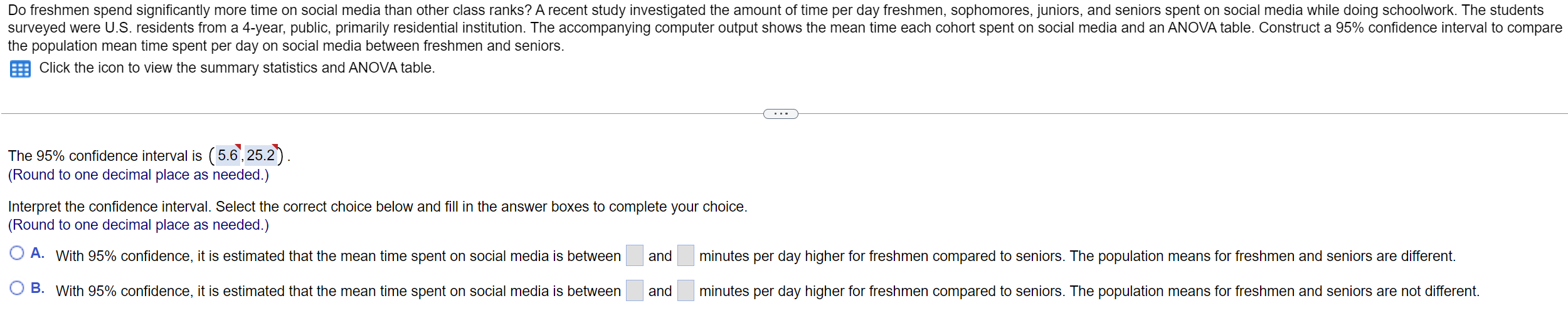 the population mean time spent per day on social | Chegg.com
