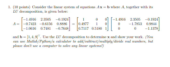 Solved 1. (10 points) Consider the linear system of | Chegg.com