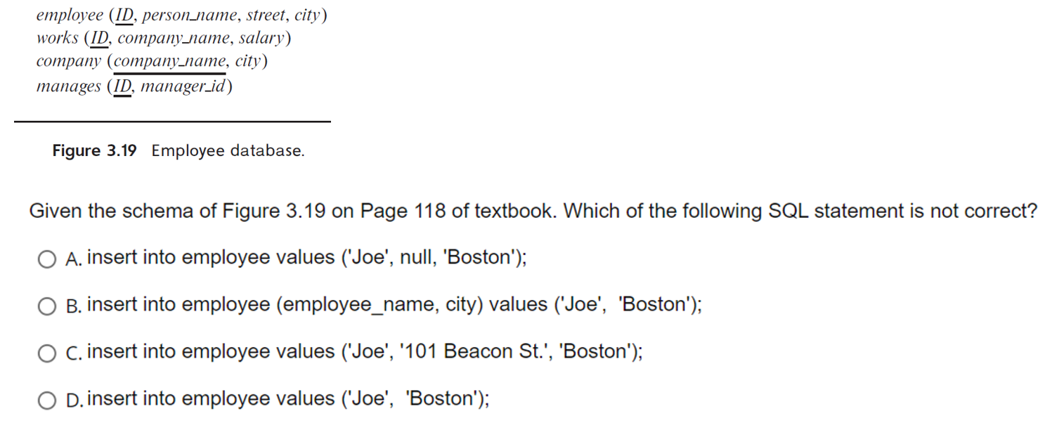 Solved employee (ID, person_name, street, city) works (ID, | Chegg.com