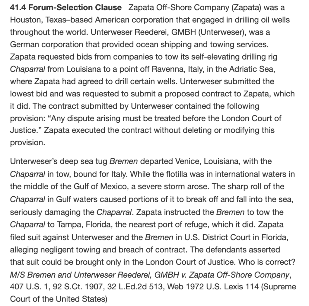 Solved 41.4 Forum-Selection Clause Zapata Off-Shore Company | Chegg.com