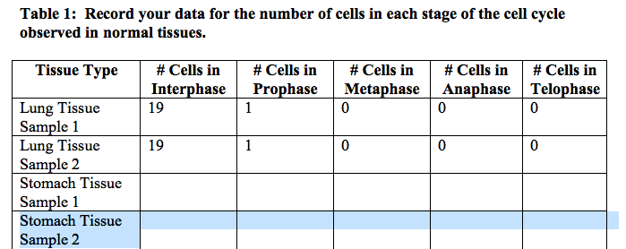 Table 2: Record your data for the number of cells in | Chegg.com
