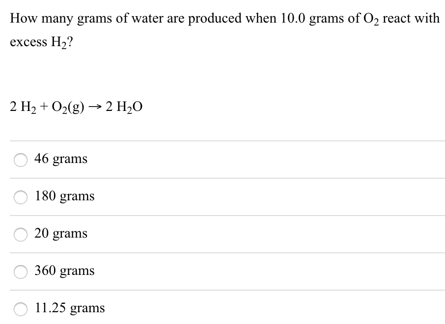 Solved How many grams of water are produced when 10.0 grams | Chegg.com